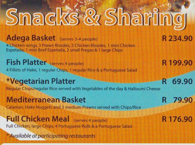 Menu au Adega restaurant, Midrand, Magwa Cres