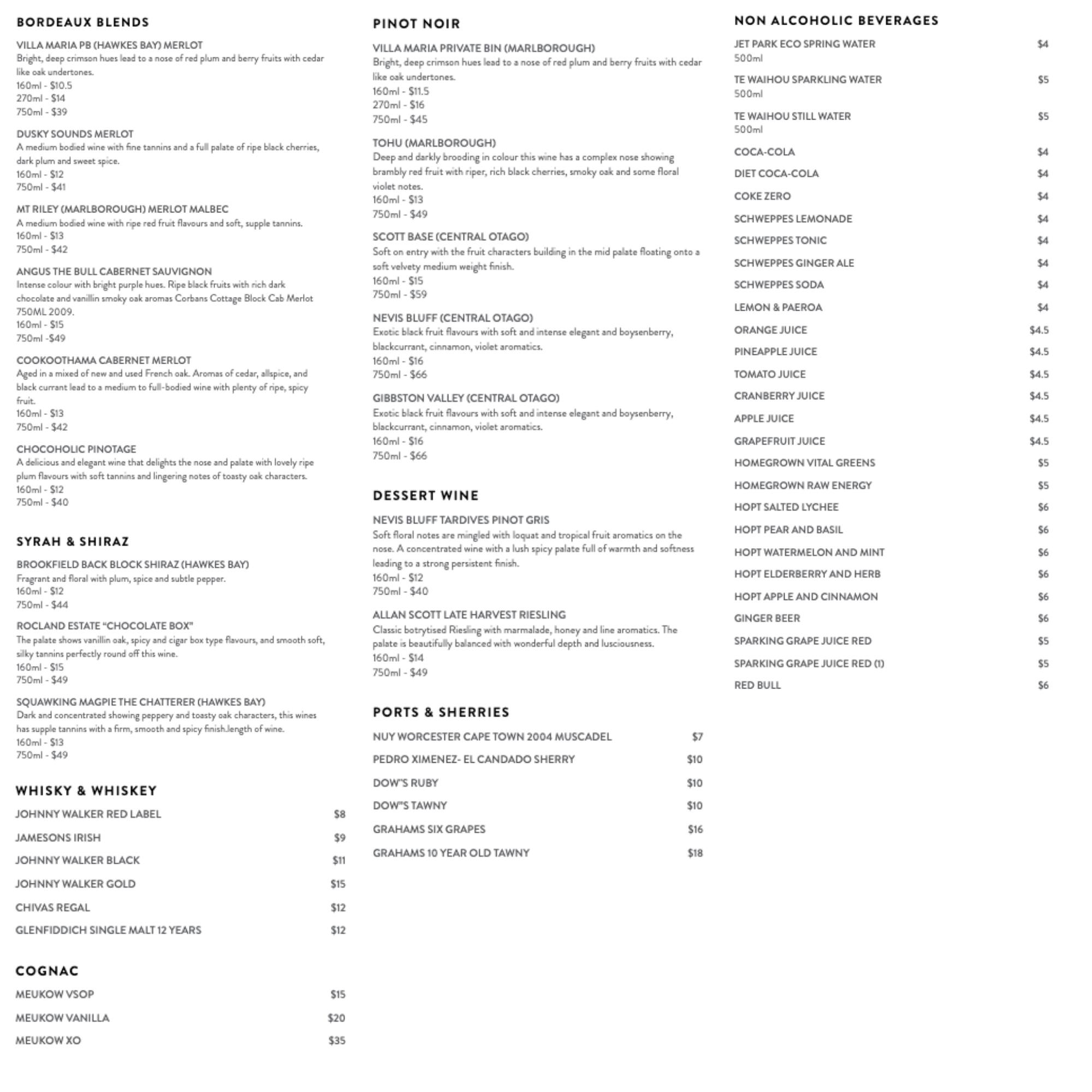 Carta de Indaba Lounge, Auckland