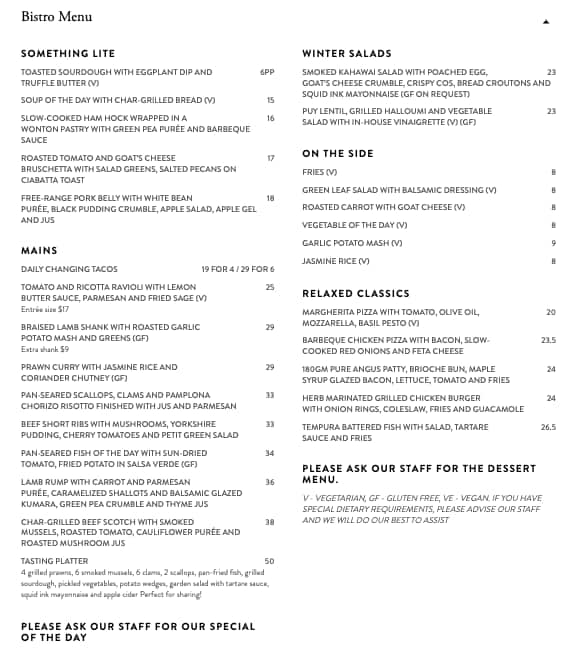 Carta de Indaba Lounge, Auckland