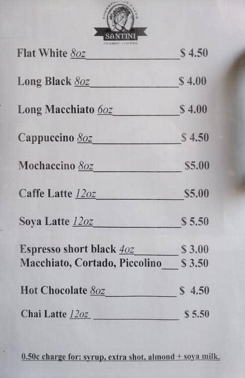 Menu at Santini cafe, Auckland, 10 Victoria Road