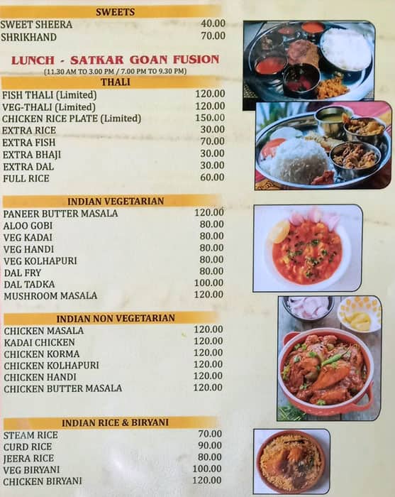 Menu at Hotel Satkar, Margao