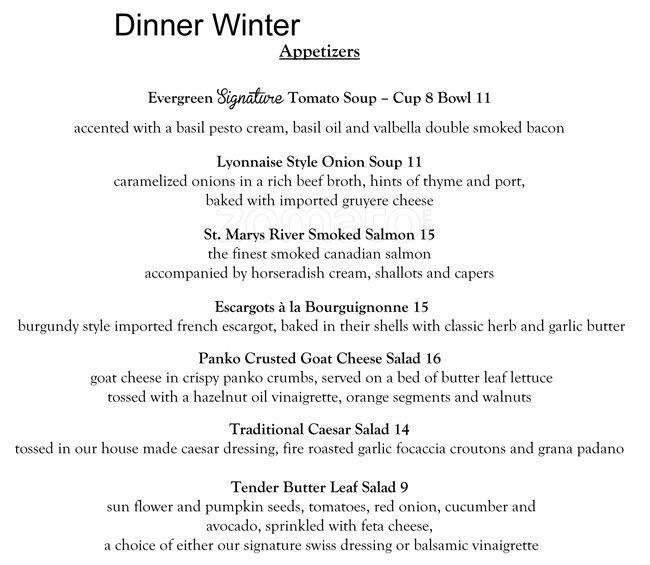 Carta de Evergreen Restaurant & Lounge, Banff