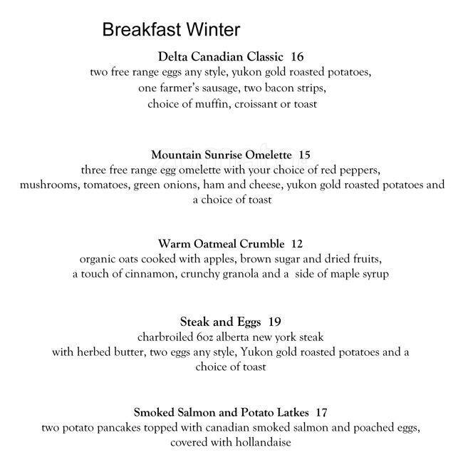 Carta de Evergreen Restaurant & Lounge, Banff
