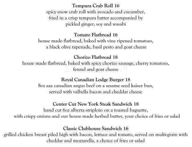 Carta de Evergreen Restaurant & Lounge, Banff