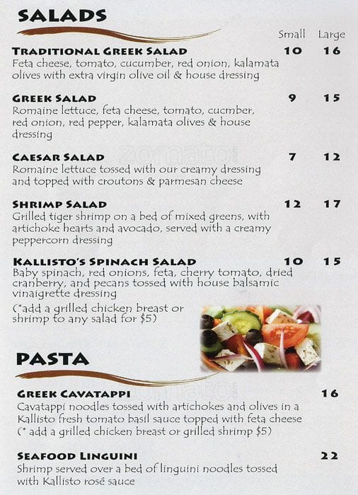 Menu at Kallisto Greek Restaurant, Ottawa