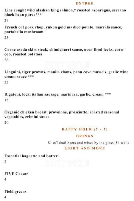 Menu at FIVE Restaurant, Edmonds