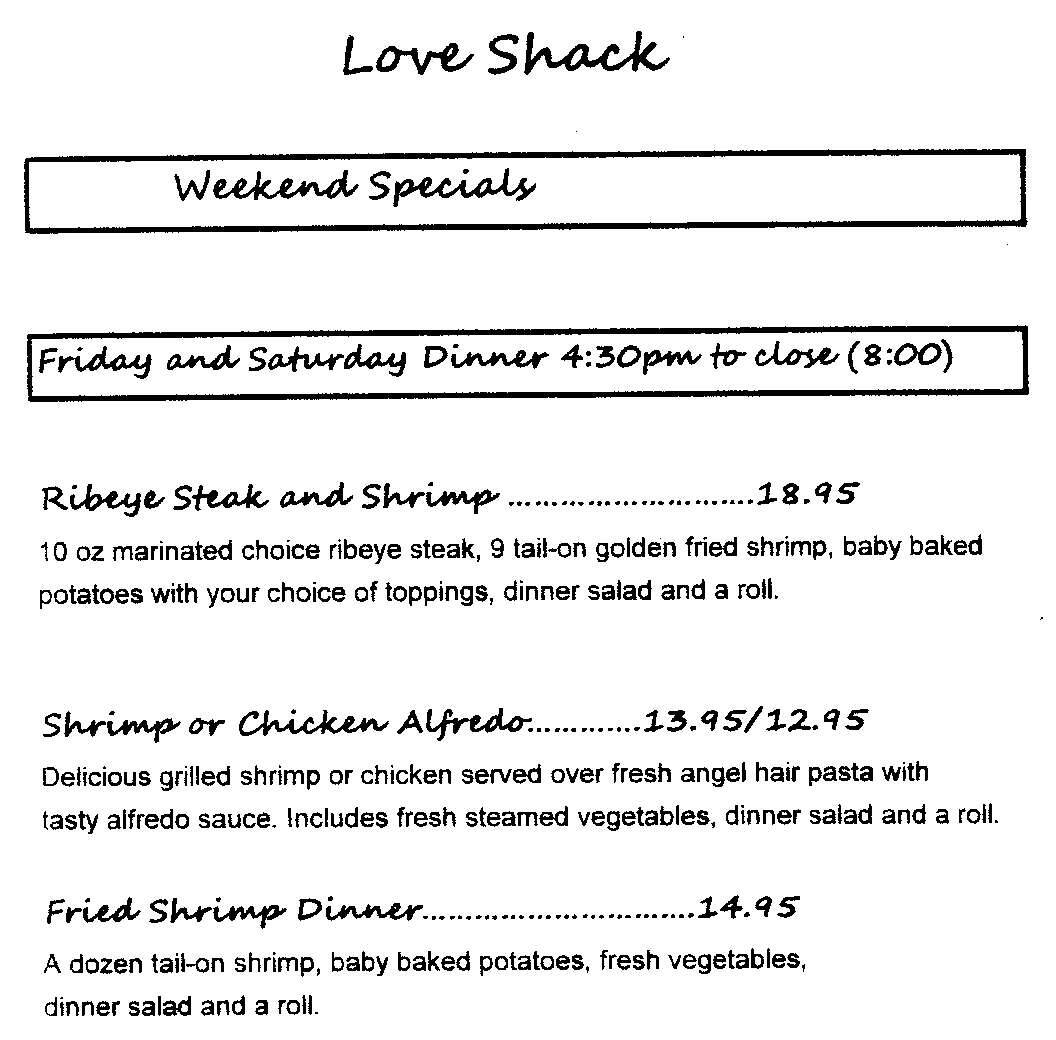 Menu at Love Shack cafe, Biloxi