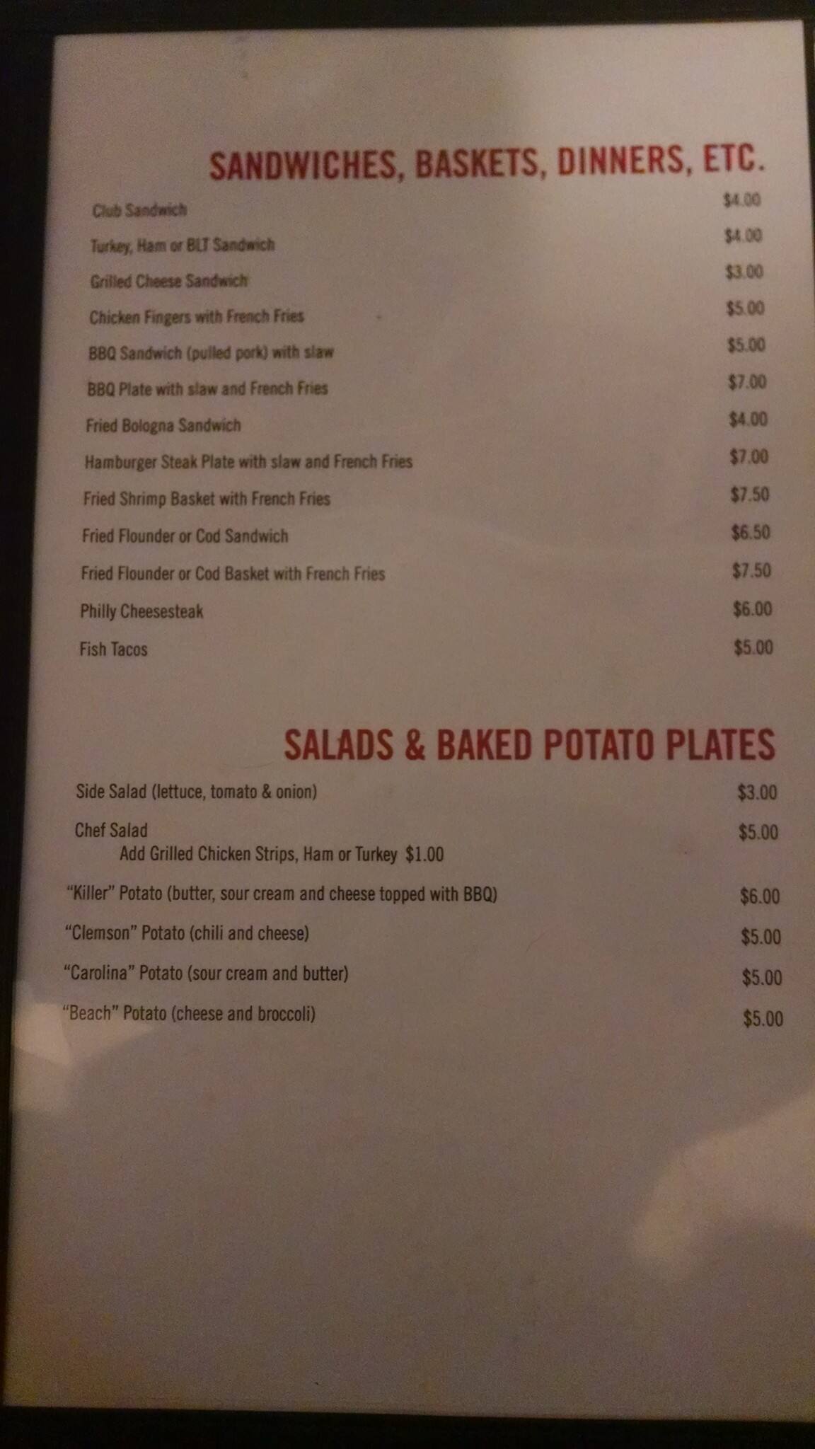 Menu at Sportsman Bar & Grill, Myrtle Beach