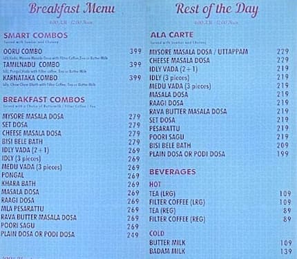Menu of Ooru Canteen, Devanahalli, Bangalore