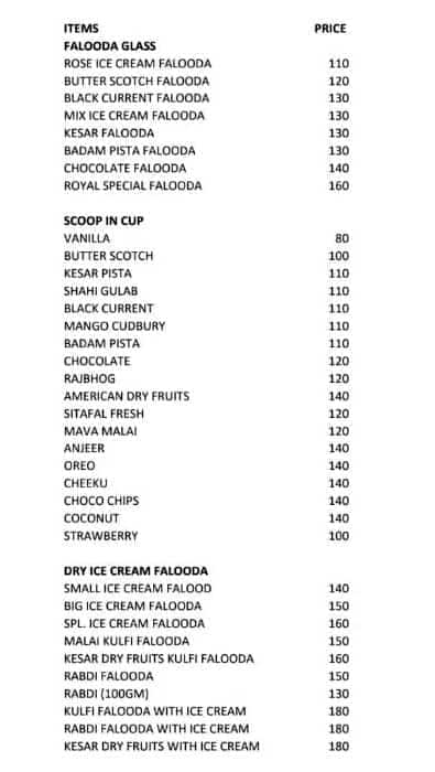 Menu of Royal Falooda, Chembur, Mumbai