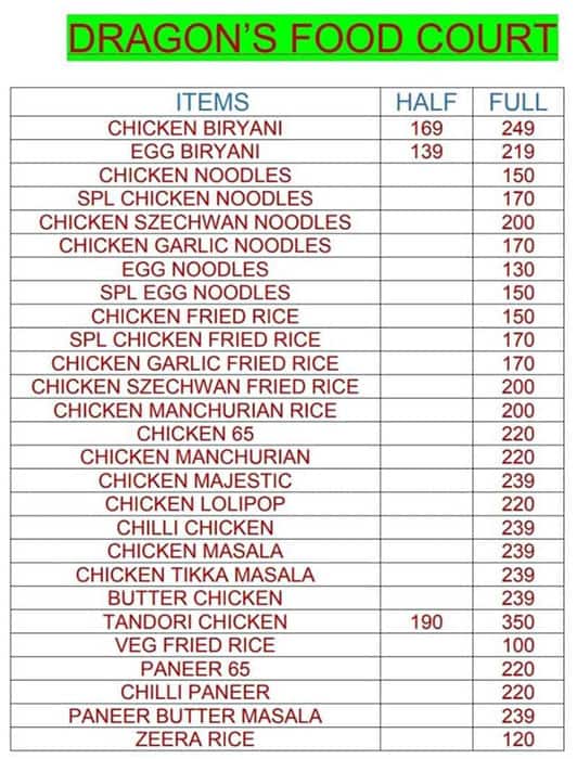 Menu of Dragons Food Court, Attapur, Hyderabad