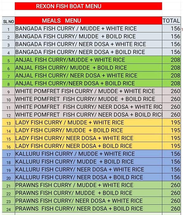 Menu at Rexon fish boat, Bengaluru
