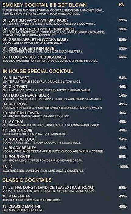 Menu of Just BLR Arena, Brigade Road, Bangalore