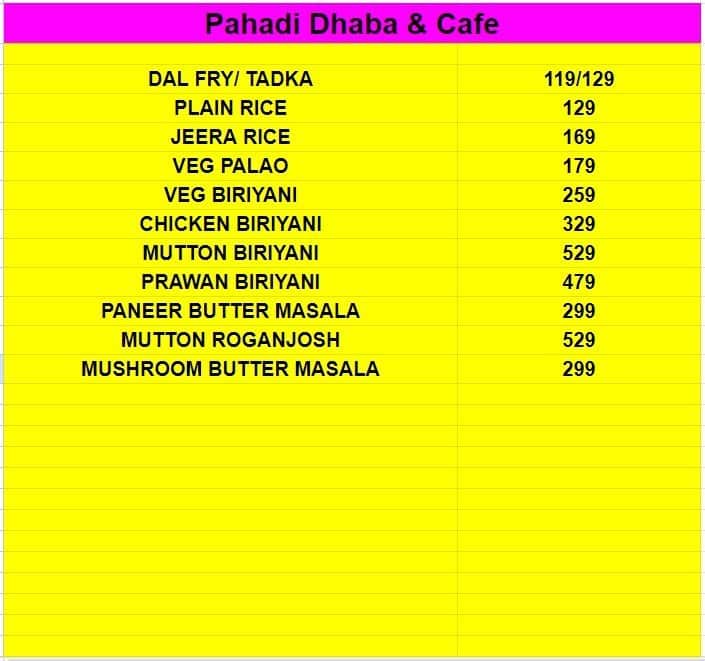 Menu of Pahadi Dhaba & Cafe, Patia, Bhubaneshwar