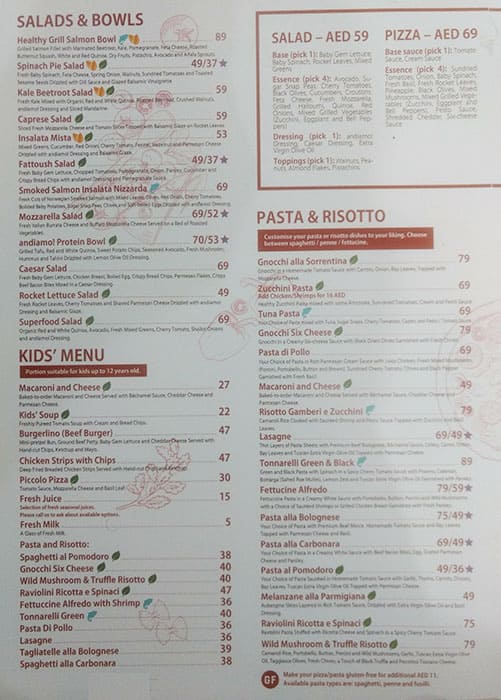 Menu at andiamo! bistro - a neighbourhood Italian restaurant, Abu Dhabi, C2