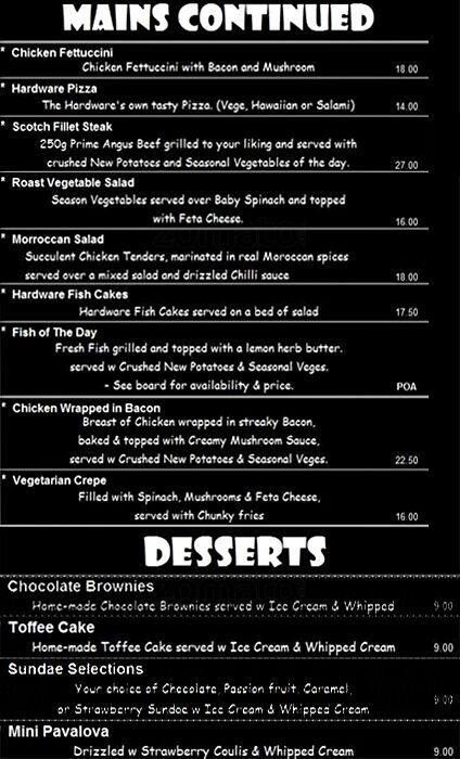 Menu at Hardware Bar & Cafe, Lower Hutt