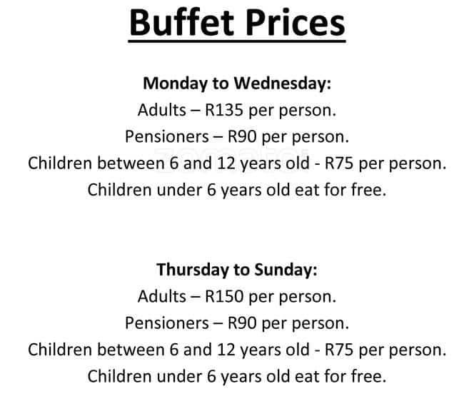 Menu at BBQ Buffet Restaurant, Pretoria