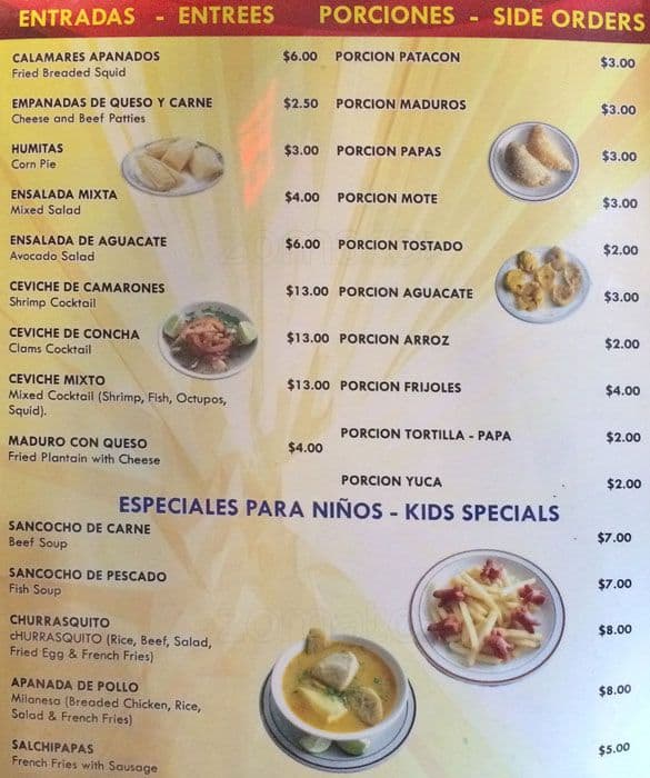 Menu at El-Tipico-Ecuatoriano restaurant, Toronto