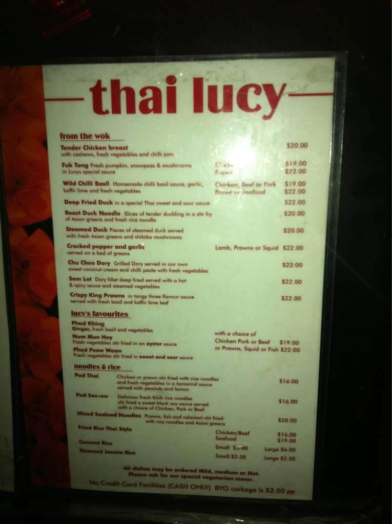 Menu at Thai Lucy restaurant, Byron Bay, 2/4 Bay Ln