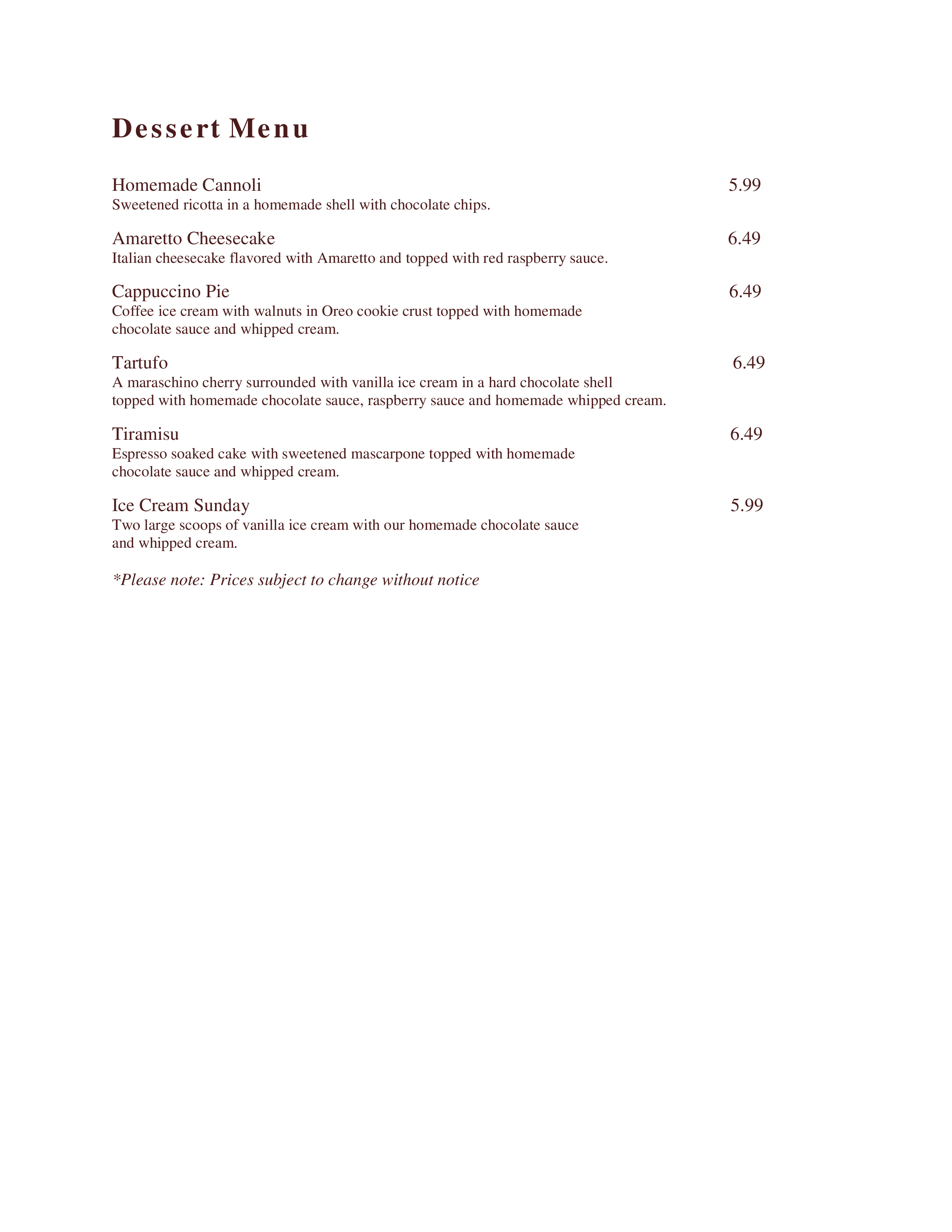 Menu at Delmonico's Italian Steakhouse, Albany Menu at Delmonico's Italian Steakhouse, Albany