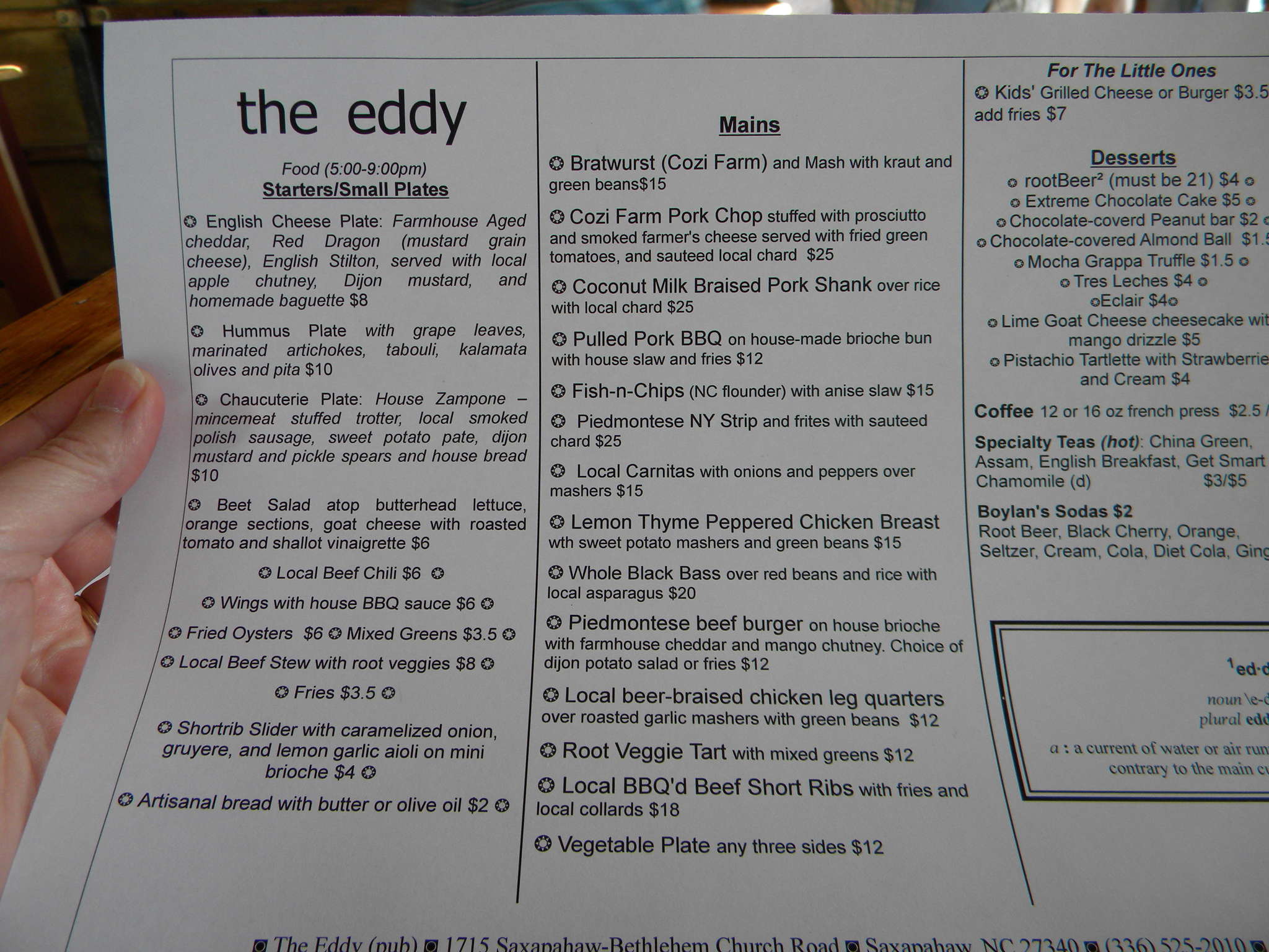 Menu at The Eddy pub & bar, Saxapahaw