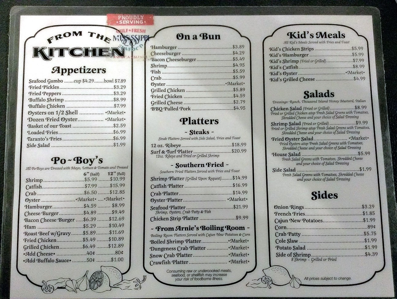 Menu at Taranto's Crawfish restaurant, Biloxi