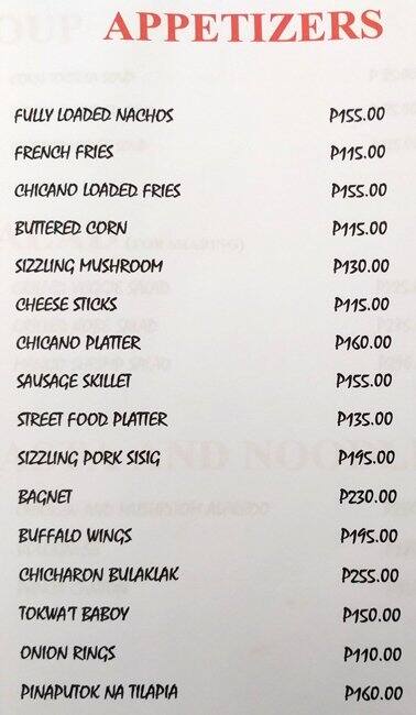 Menu at Chicano Bar and Resto, Marikina