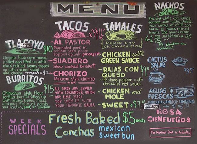 Menu at The Tamaleria & Mexican Deli restaurant, Dulwich Hill