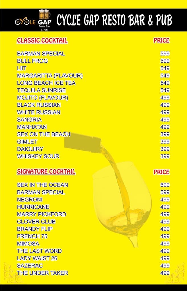 Menu of Cycle Gap Resto Bar & Pub, Nagarbhavi, Bangalore