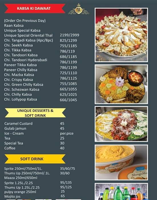 Menu of The Unique, Trombay, Mumbai