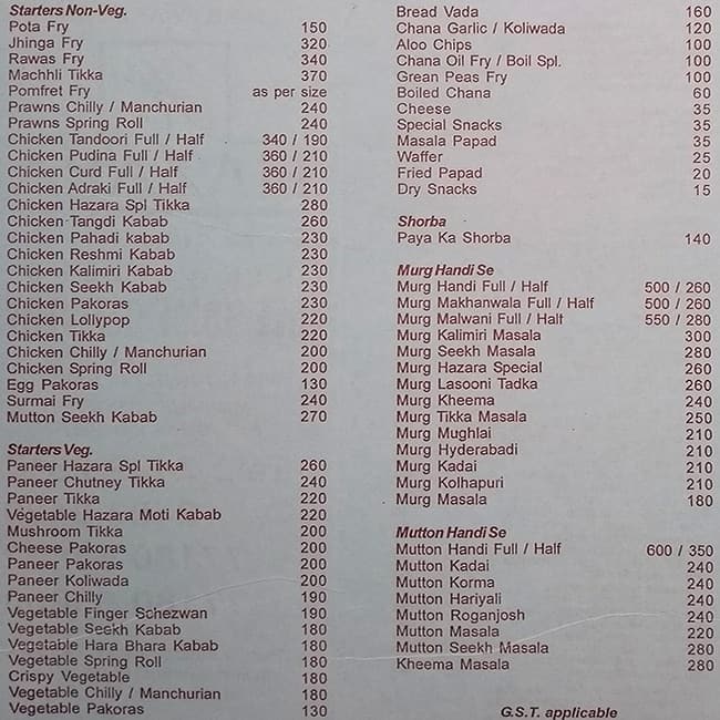 Menu of Hazara Restaurant & Bar, Sion, Mumbai