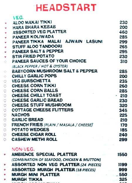 Menu of Ambience Bar & Kitchen, Lower Parel, Mumbai