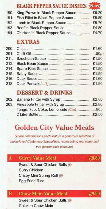Menu at Golden City Chinese Takeaway restaurant, London, 58 Sydenham Rd