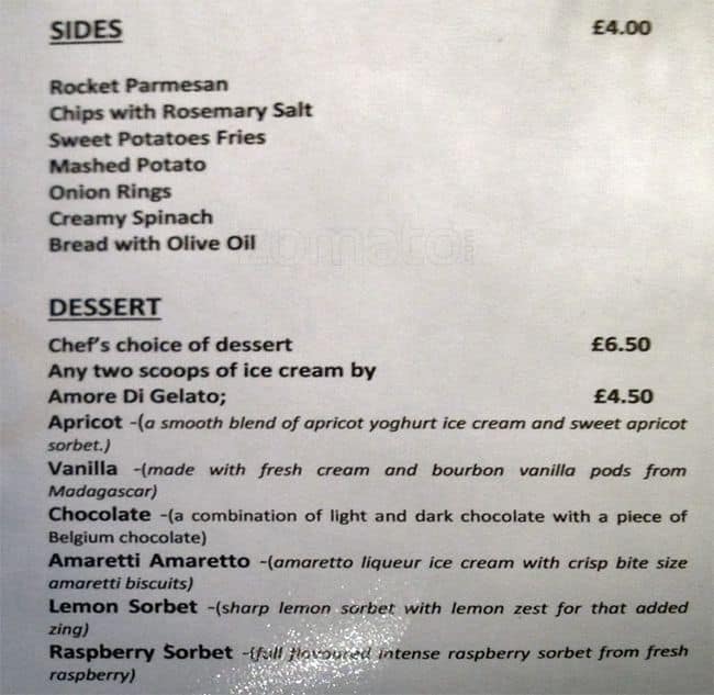 Menu at Park Lodge restaurant, Teddington