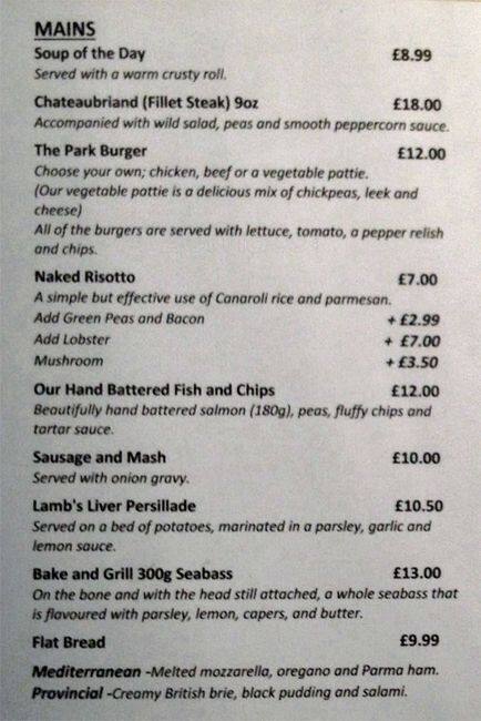 Menu at Park Lodge restaurant, Teddington