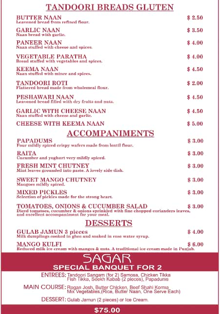 Menu at Sagar Indian Restaurant, Auckland