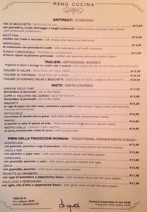 Menu da Di quà caffè bar, Roma, Via delle Carrozze