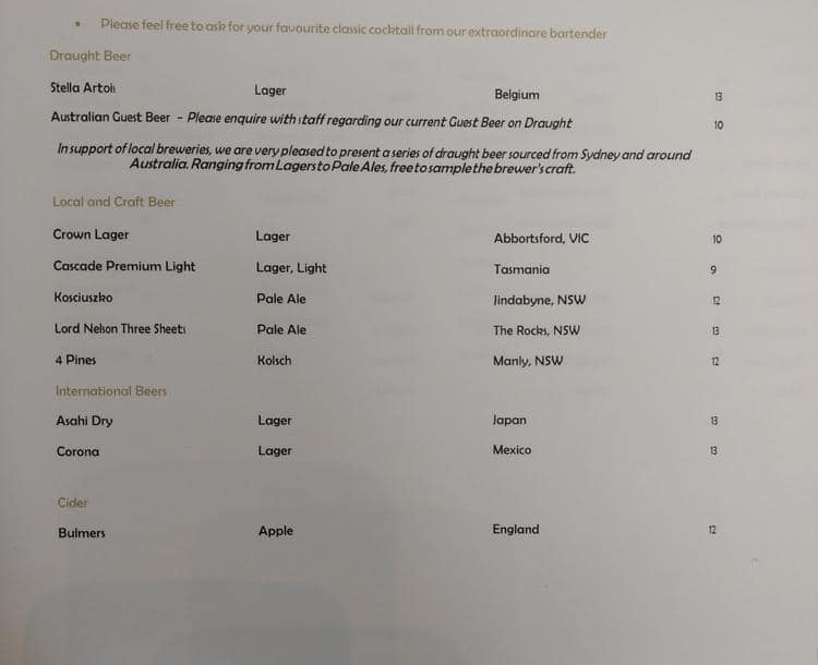 Menu at 117 Dining restaurant, Sydney