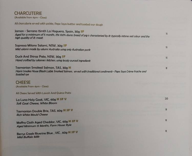Menu at 117 Dining restaurant, Sydney