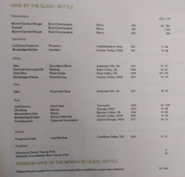 Menu at 117 Dining restaurant, Sydney