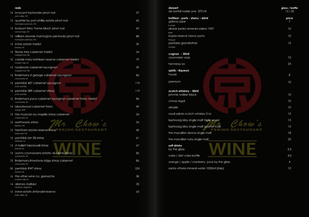 Menu at Mr Chow's Peking Restaurant, Millers Point