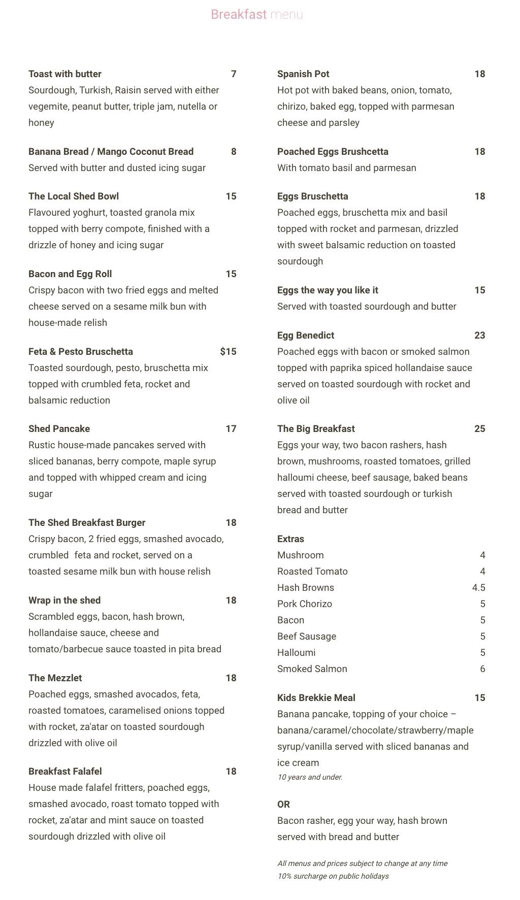 Menu at The Local Shed Cafe, Rouse Hill