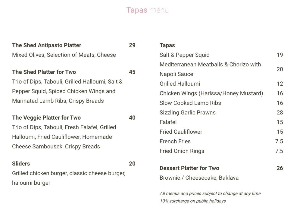 Menu at The Local Shed Cafe, Rouse Hill