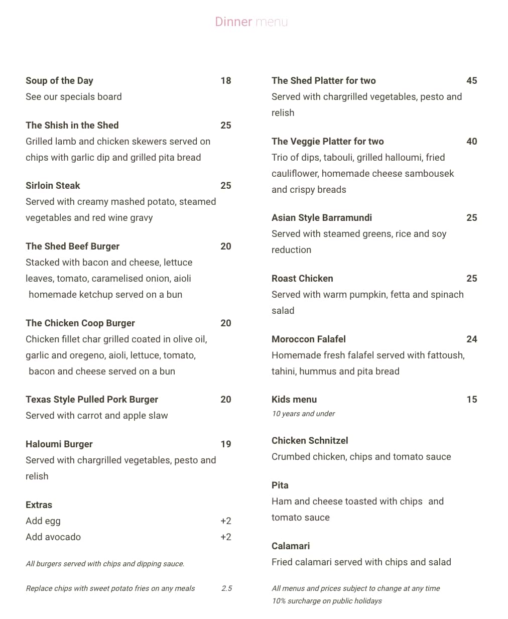 Menu at The Local Shed Cafe, Rouse Hill