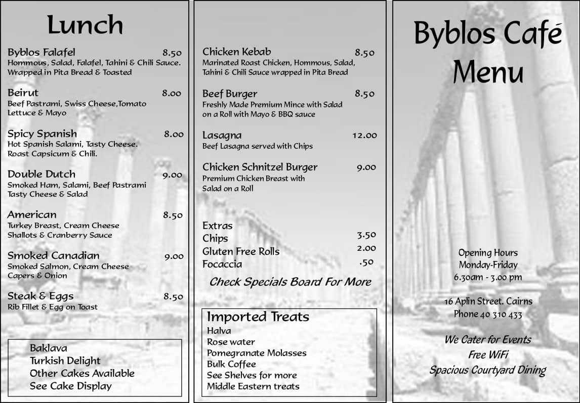 Menu at Byblos Deli cafe, Cairns, 16 Aplin St