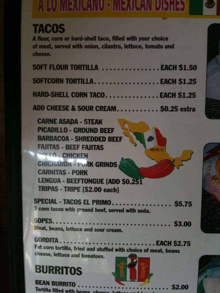 Menu at El Primo Taqueria restaurant, Bradenton