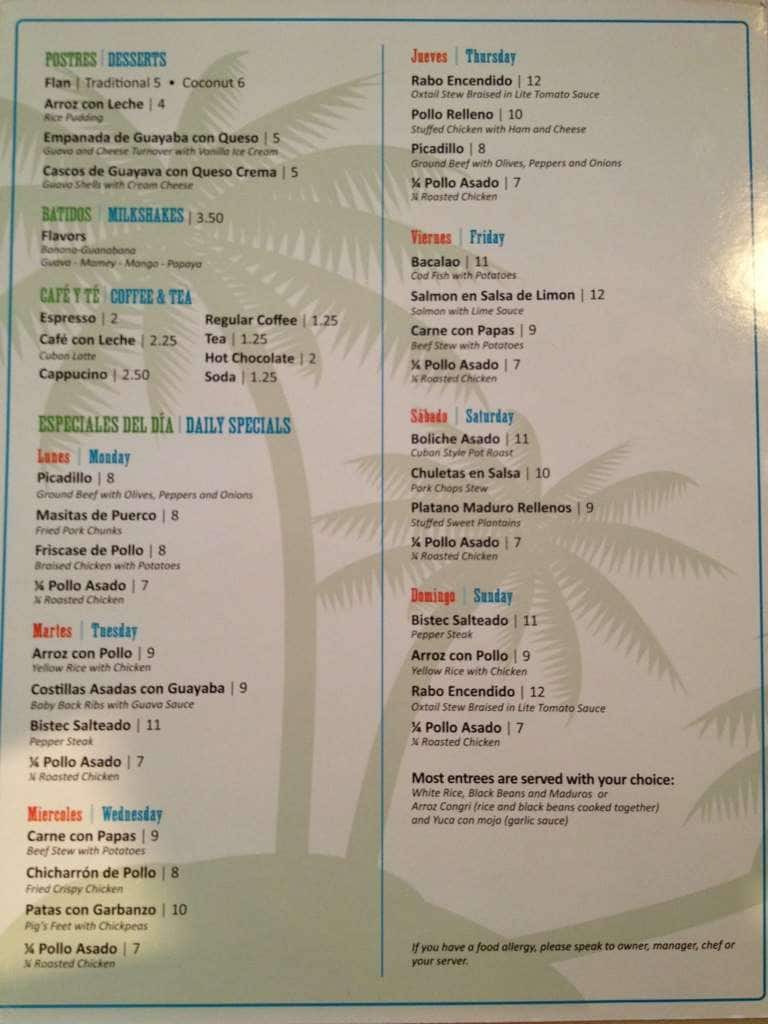 Menu at Casa Cubana restaurant, Mount Vernon