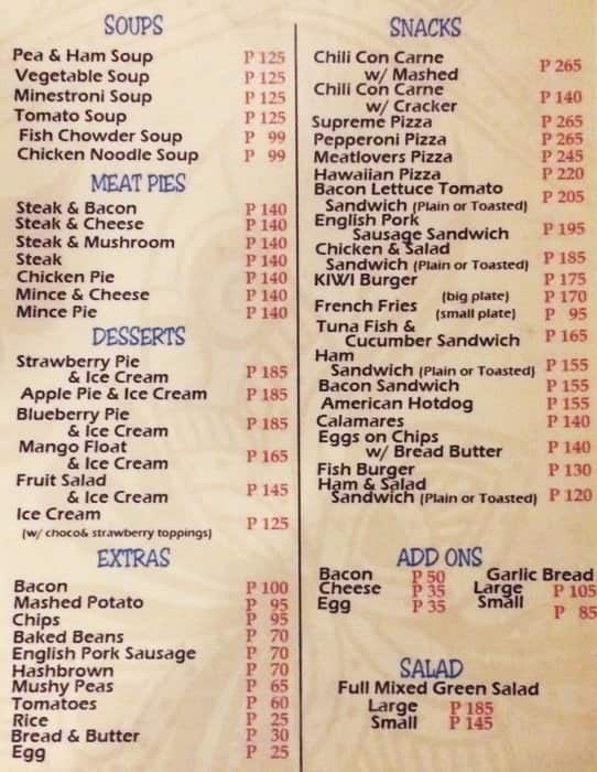 Menu at Kiwi Lodge Cebu restaurant, Cebu City