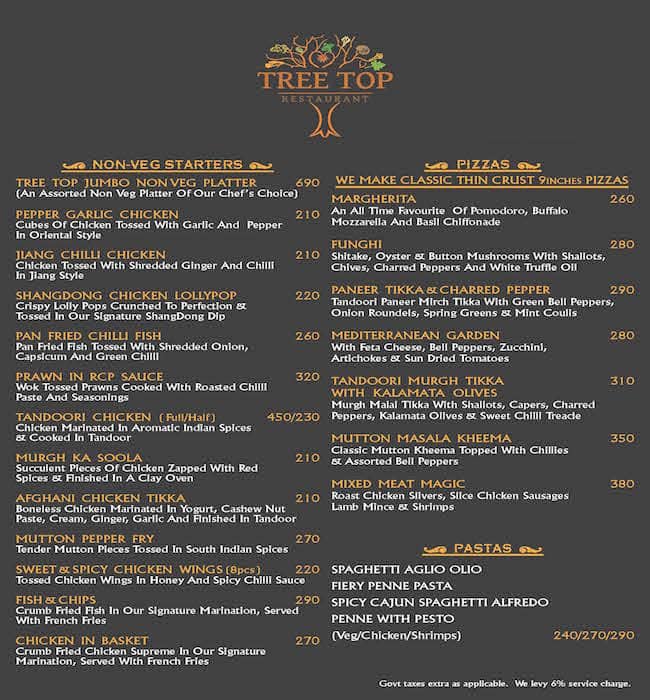 Menu at Tree Top, Bengaluru
