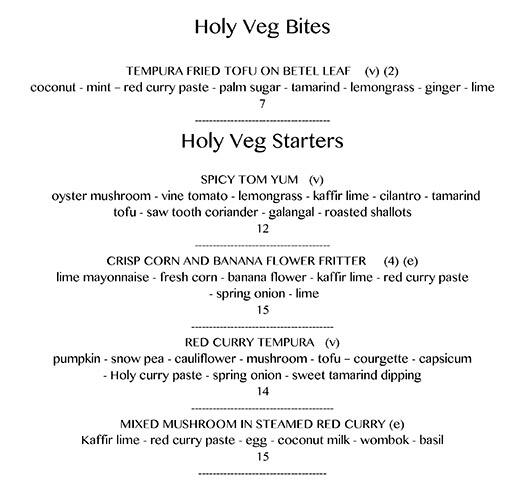 Menu at Holy Basil Thai restaurant, Croydon